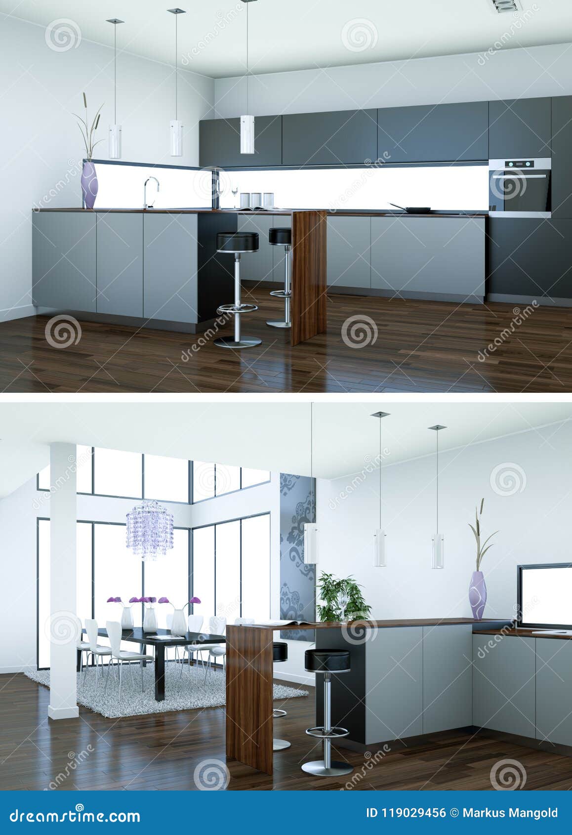 Two Views of Modern Kitchen Interior Design Stock Illustration ...