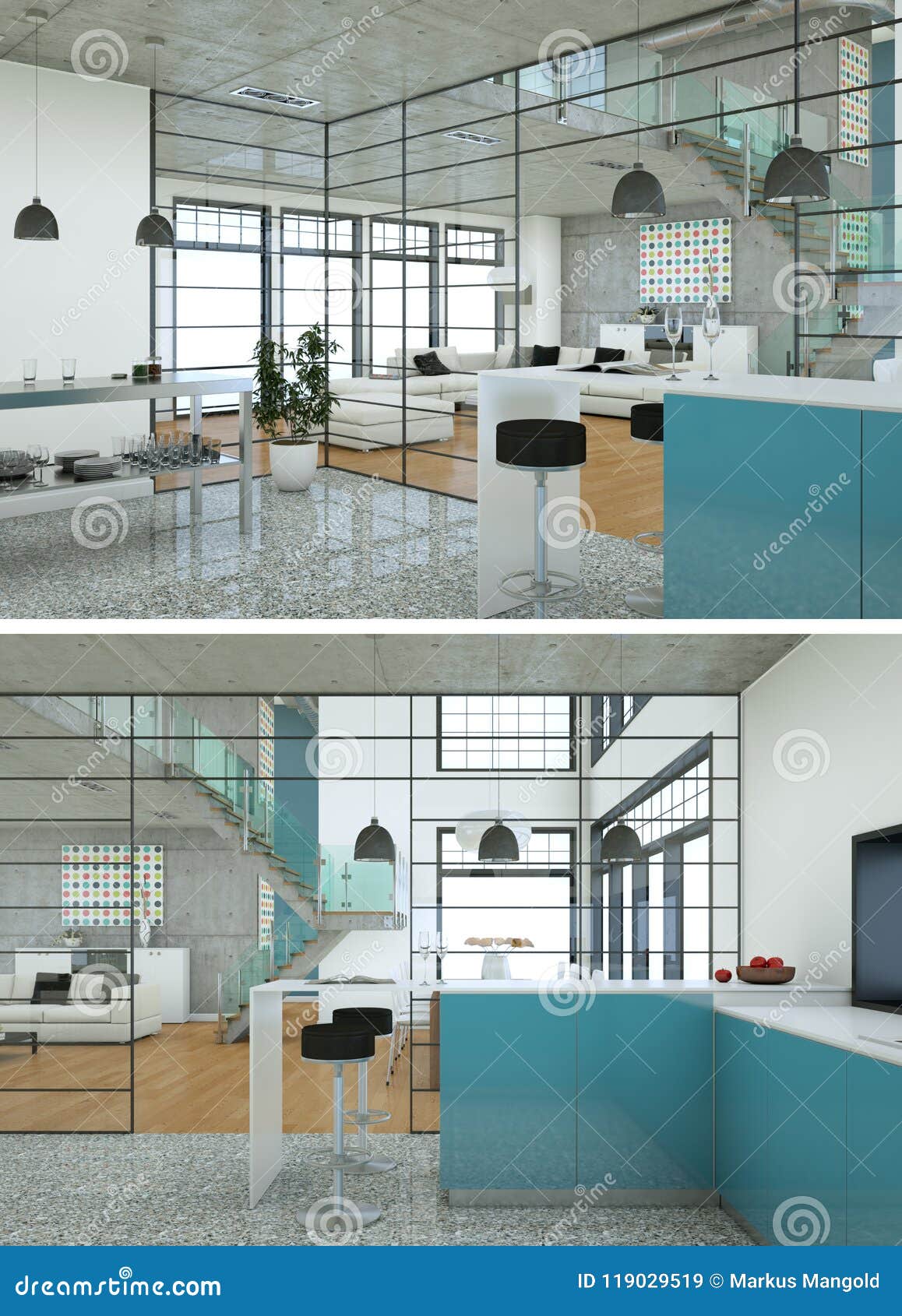 Two Views of Modern Kitchen Interior Design Stock Illustration ...
