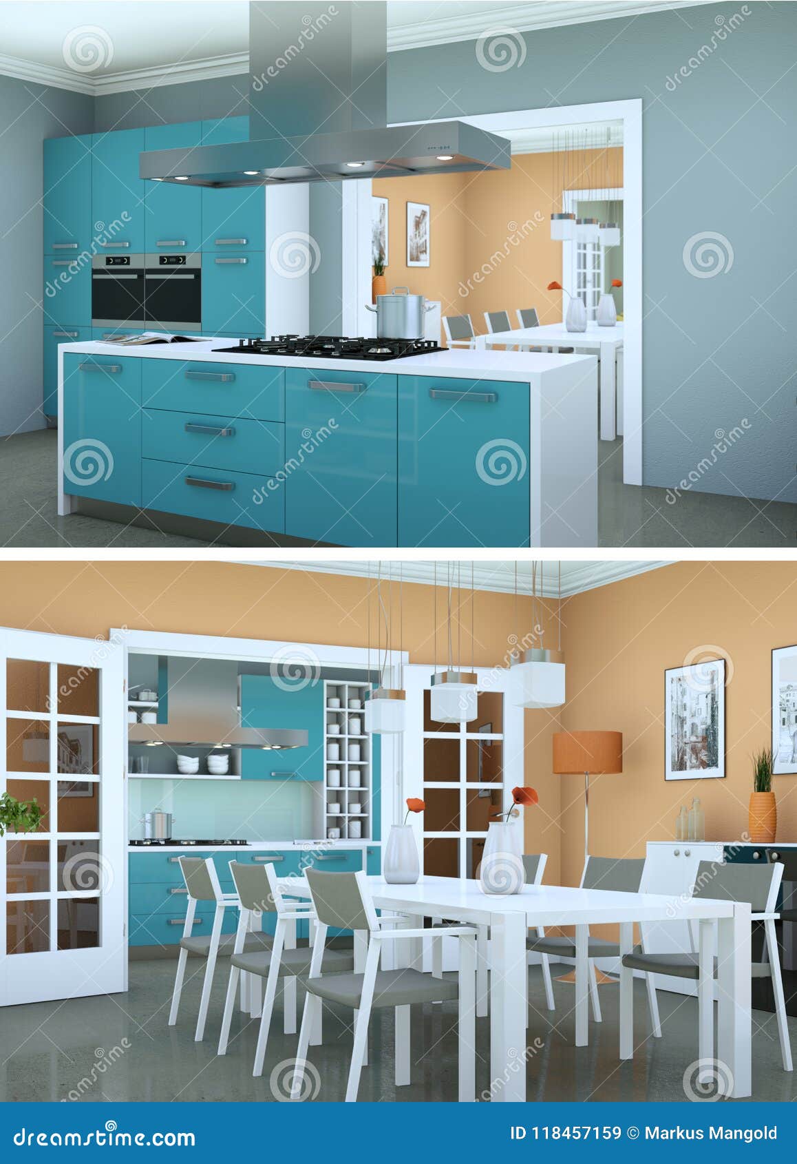 Two Views of Modern Kitchen Interior Design Stock Illustration ...