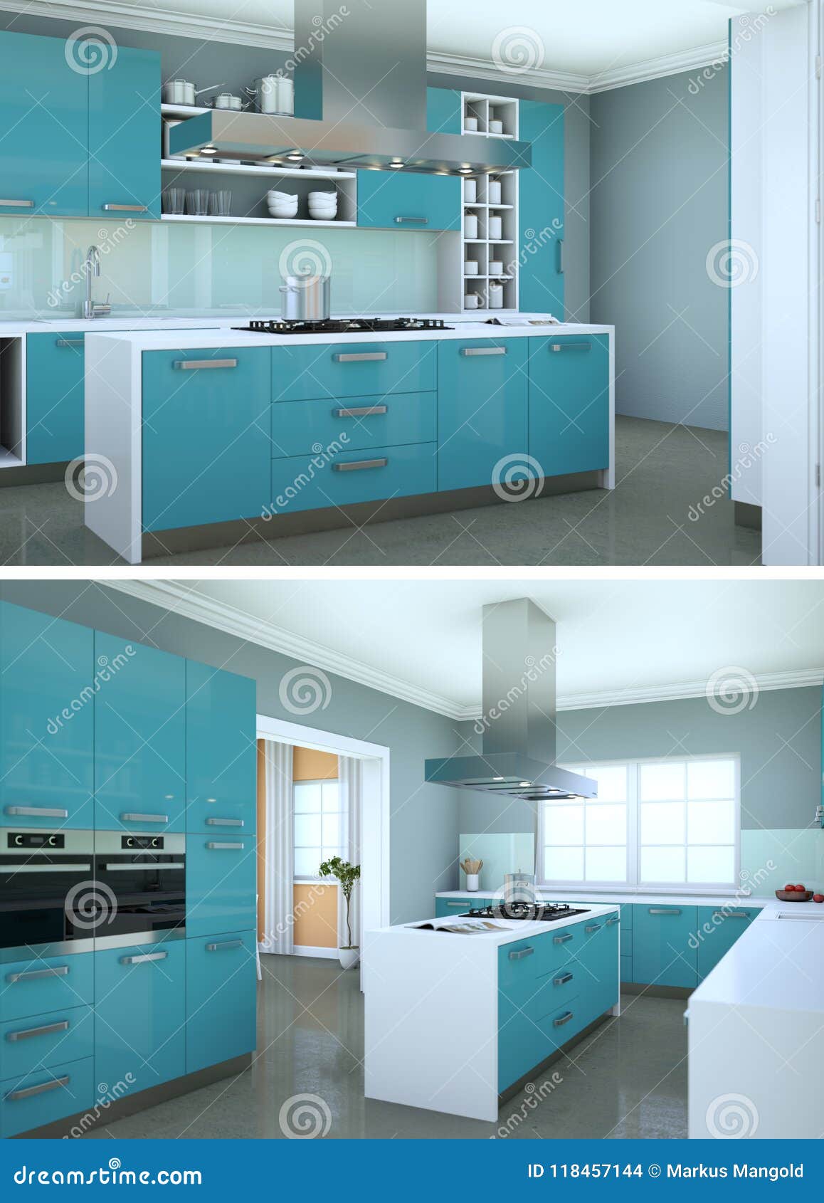 Two Views of Modern Kitchen Interior Design Stock Illustration ...