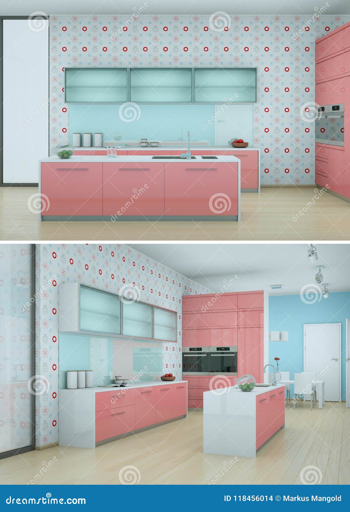 Two Views of Modern Pink Kitchen Interior Design Stock Illustration ...