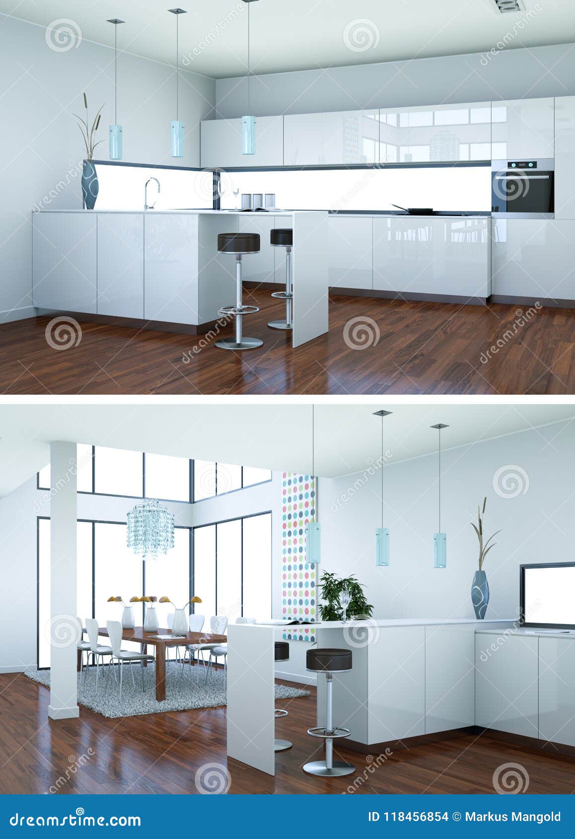 Two Views of Modern White Kitchen Interior Design Stock Illustration ...