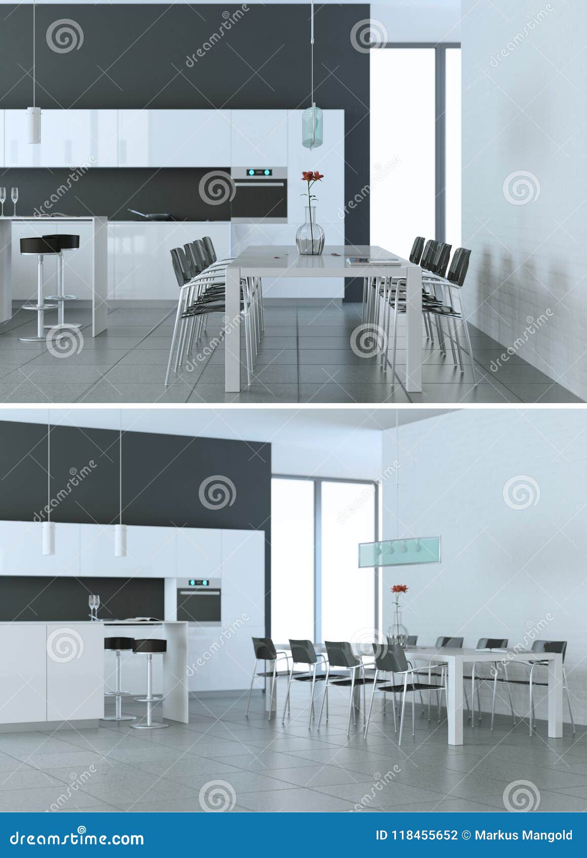 Two Views of Modern White Kitchen Interior Design Stock Photo - Image ...