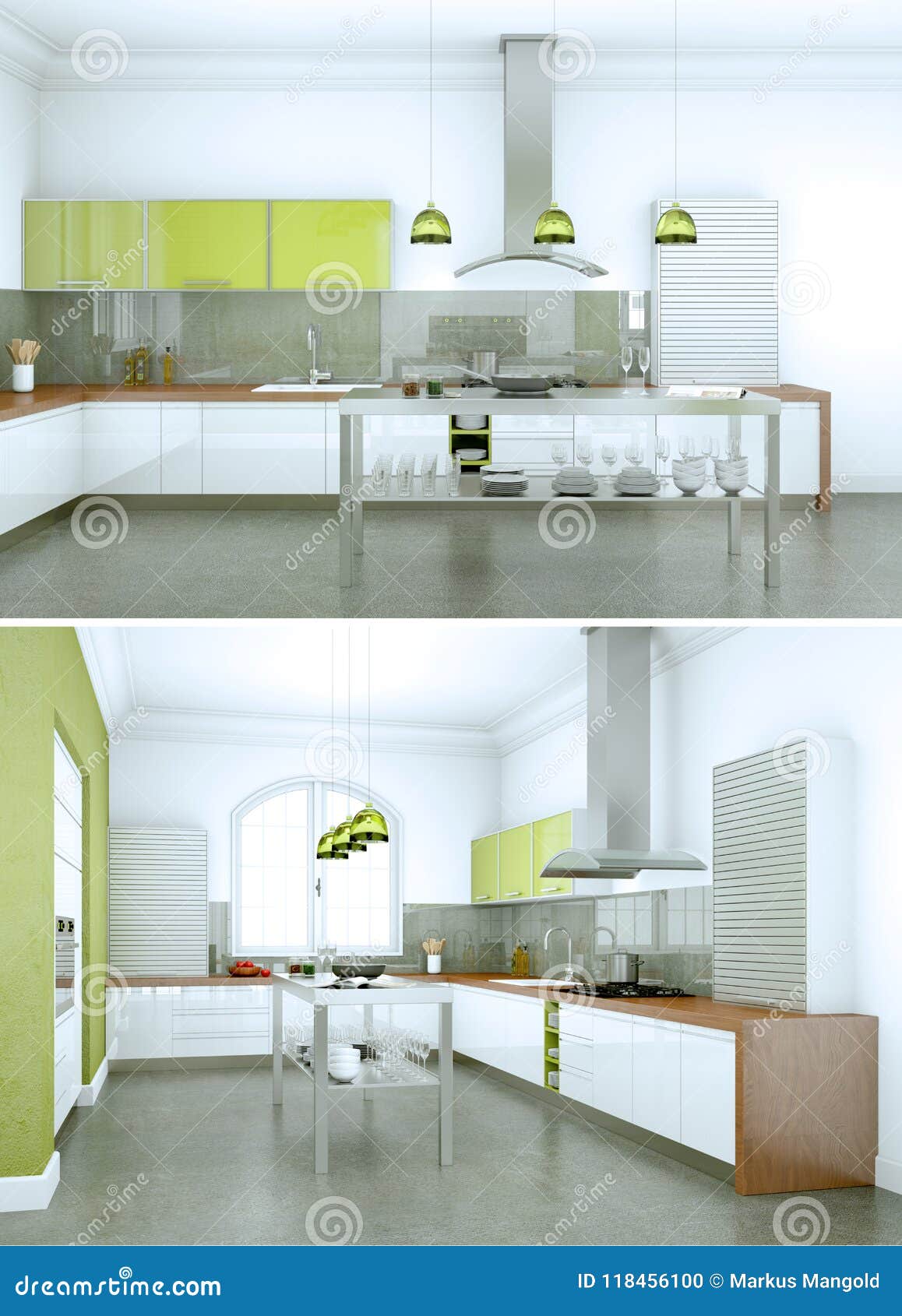 Two Views of Modern White Kitchen Interior Design Stock Illustration ...