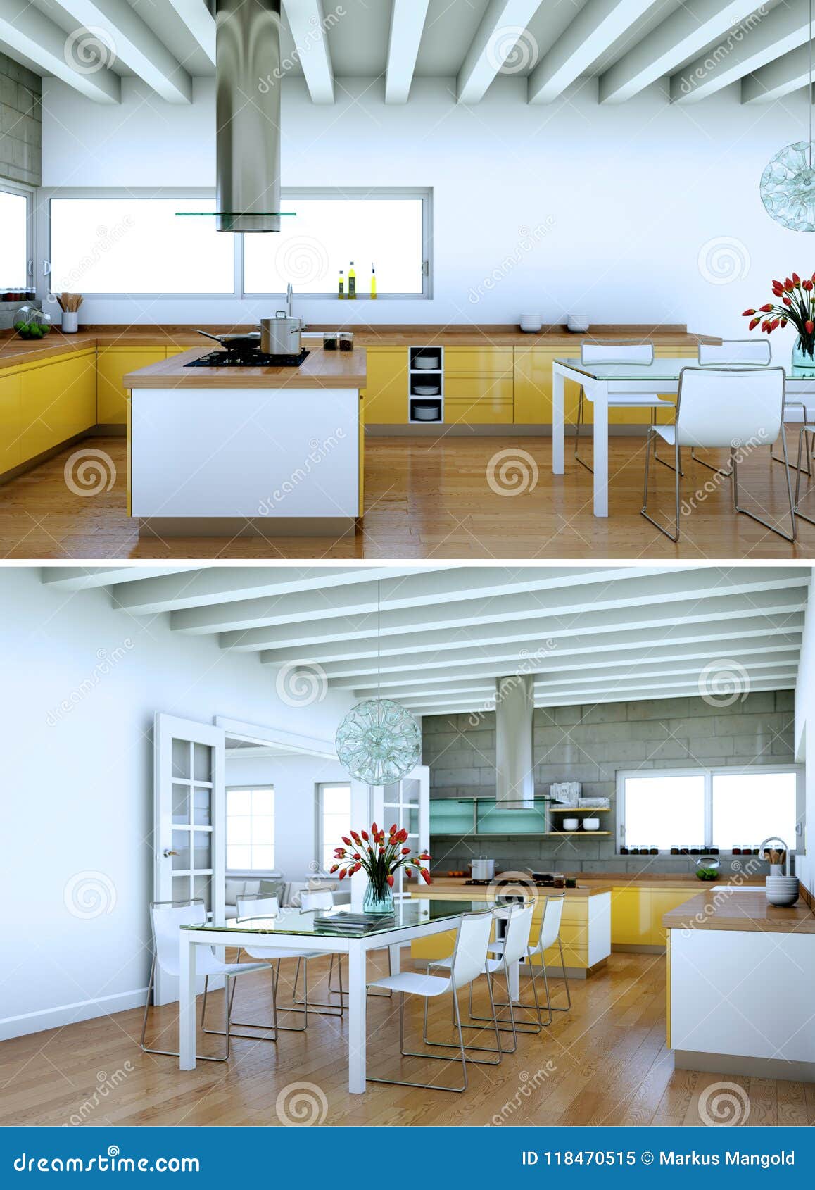 Two Views of Modern Yellow Kitchen Interior Design Stock Illustration ...