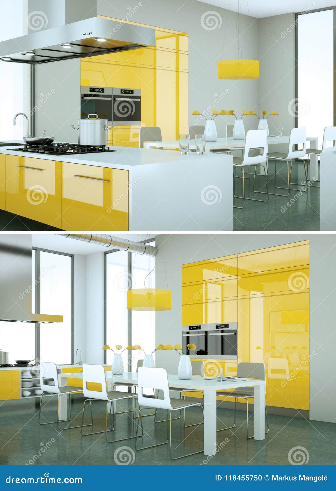 Two Views of Modern Yellow Kitchen Interior Design Stock Illustration ...