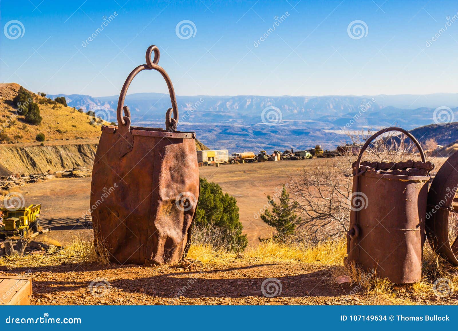 Two Vintage Mining Ore Buckets Stock Photo - Image of trees, rusty ...