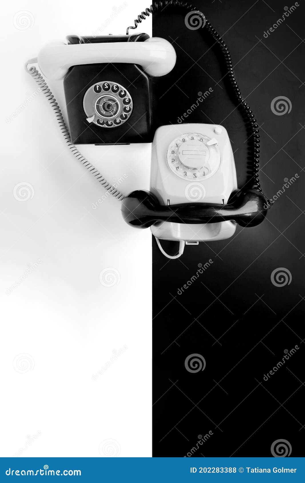 Two Vintage Telephone Sets with Dial in Retro Style on a Black, White ...