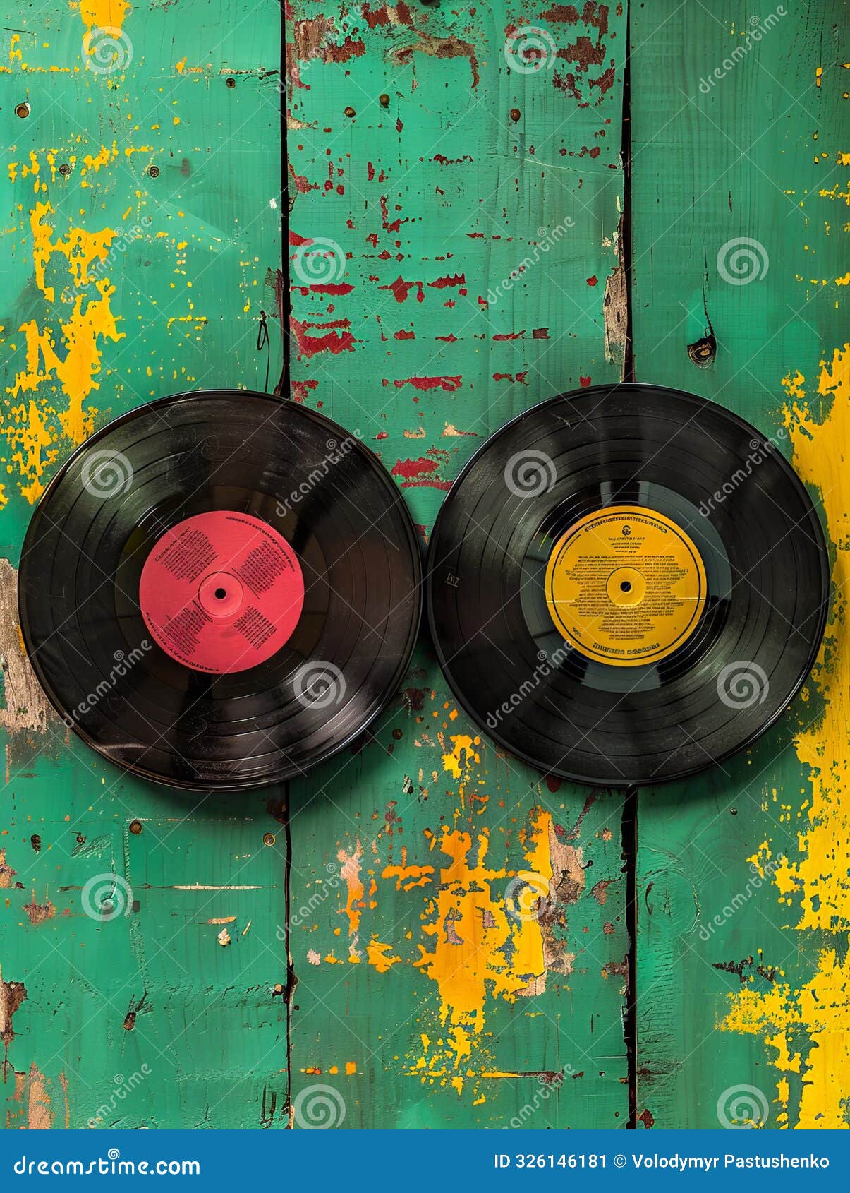 Two Vinyl Records on a Wooden Wall Stock Image - Image of vinyl, green ...