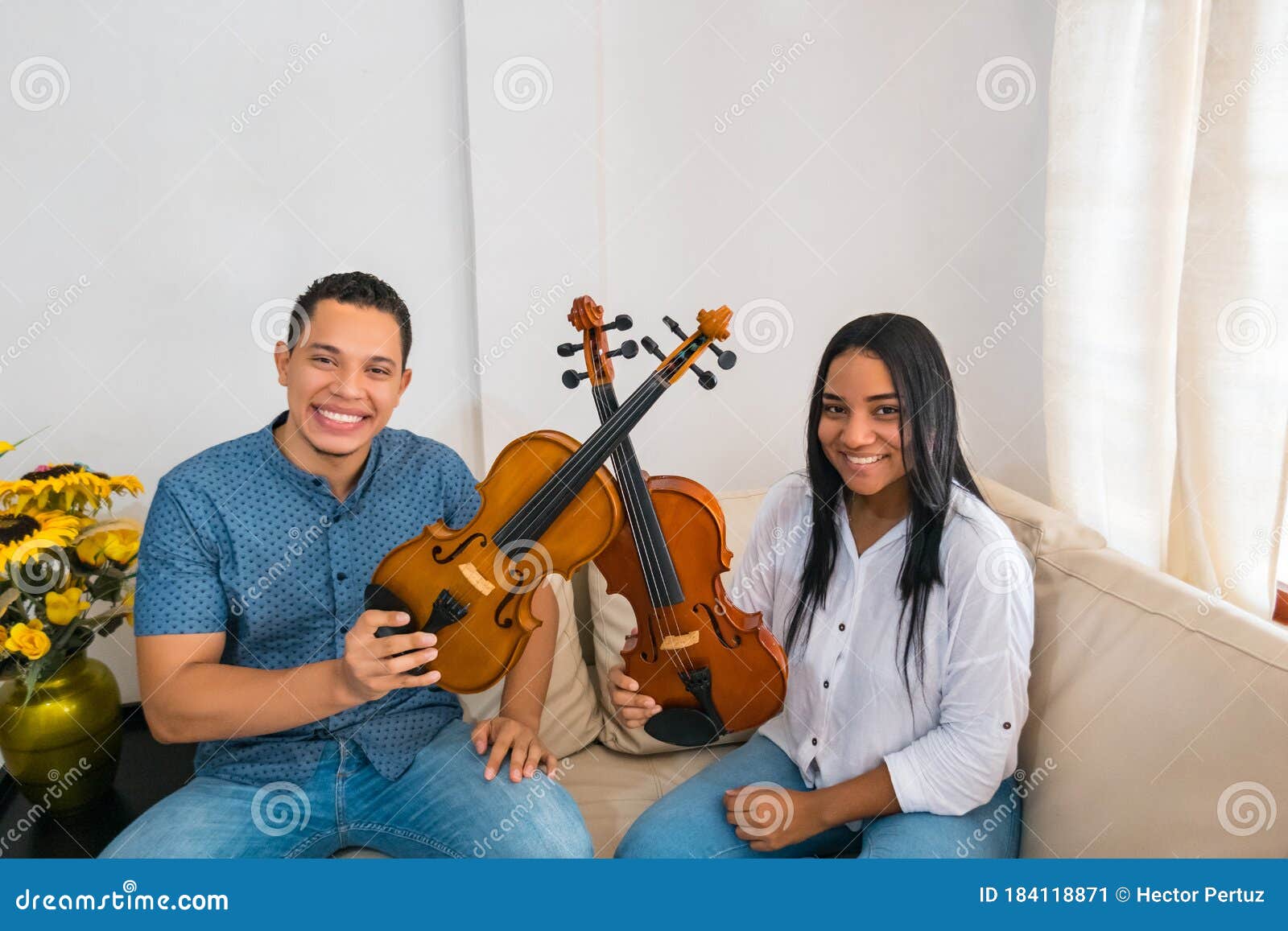 Two Violinists Posing with Their Violins. Close Up Portrait Stock Image ...