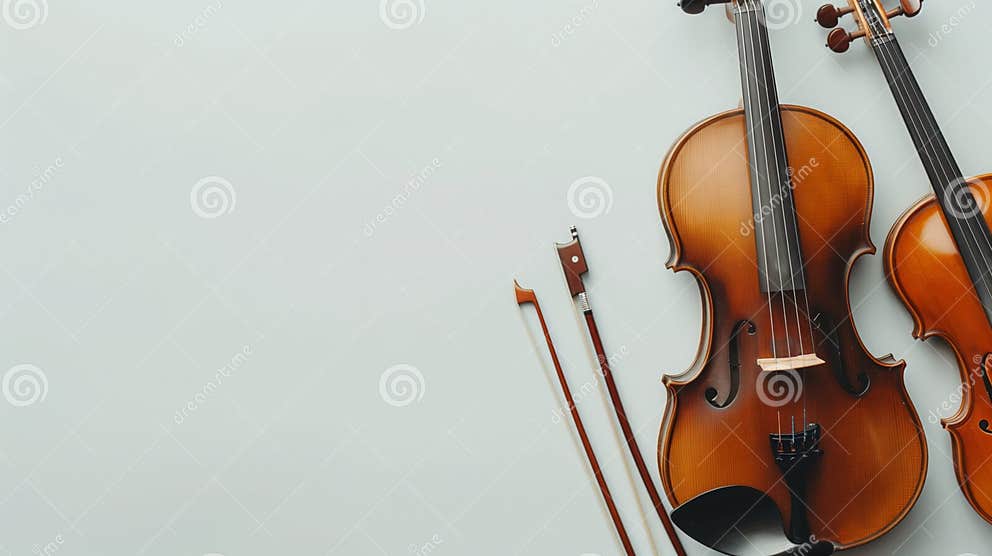 Two Violins and a Bow on Light Blue Background, Violins Side-by-side ...