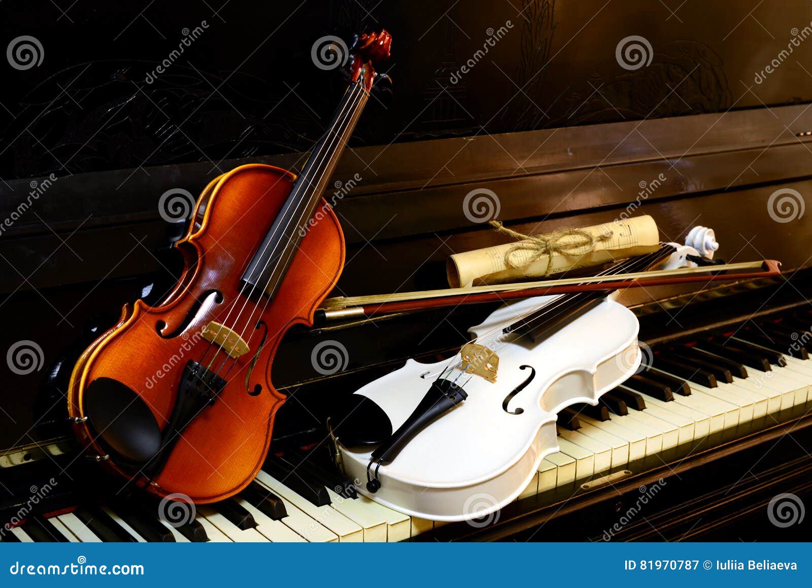Two Violins Different Colors on the Piano Stock Image - Image of case ...