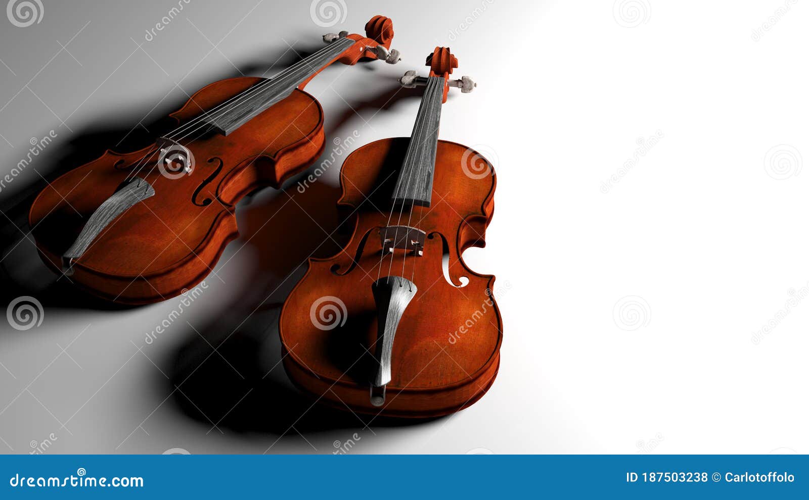 Two Violins Laying on a White Surface - 3D Rendering Illustration Stock ...
