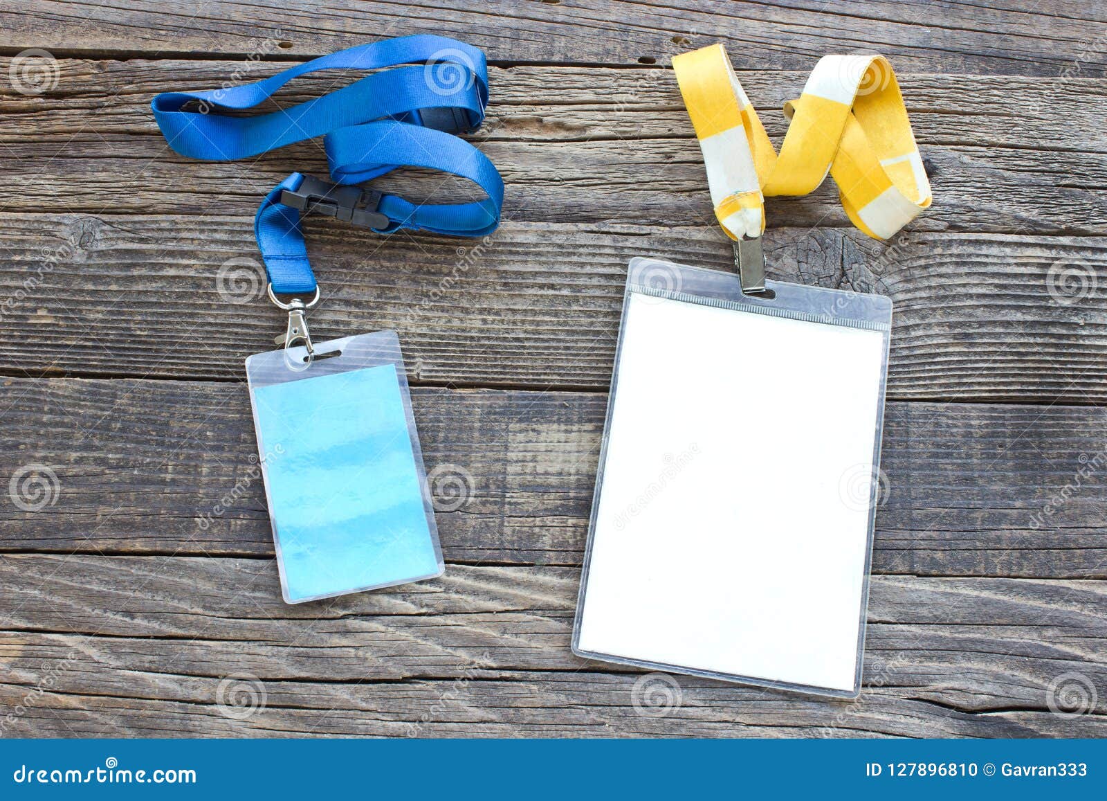 Two Vip Id Cards with Tags on Wooden Background Stock Photo - Image of ...