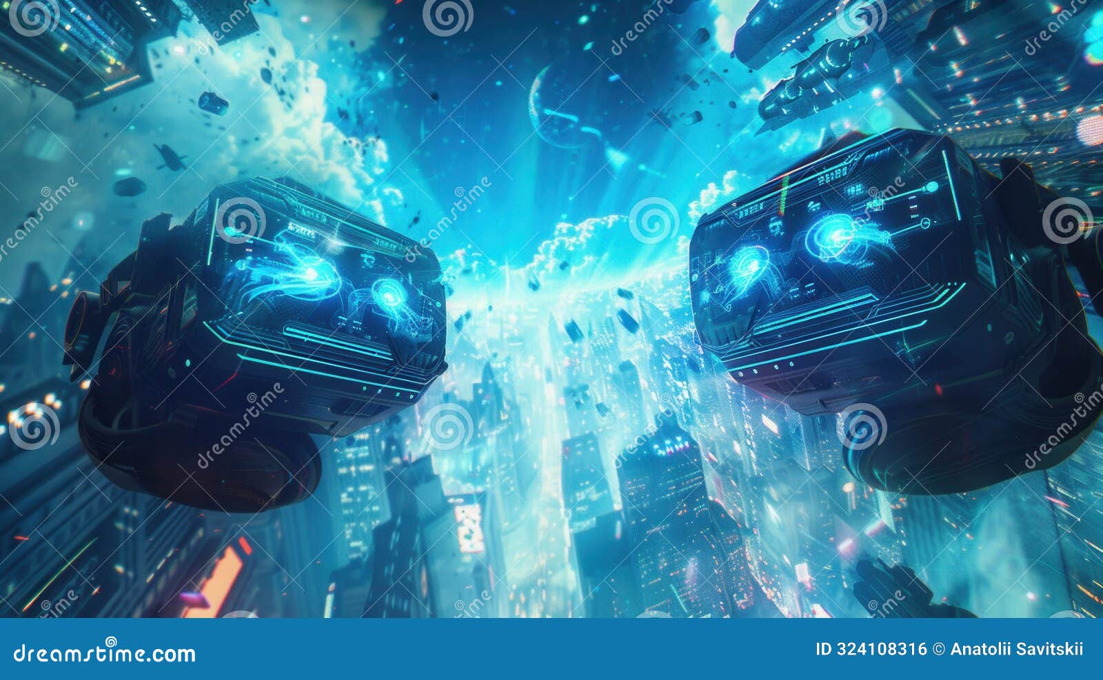 Two VR Headsets Float Above a Vibrant, Digital City, Showcasing the ...