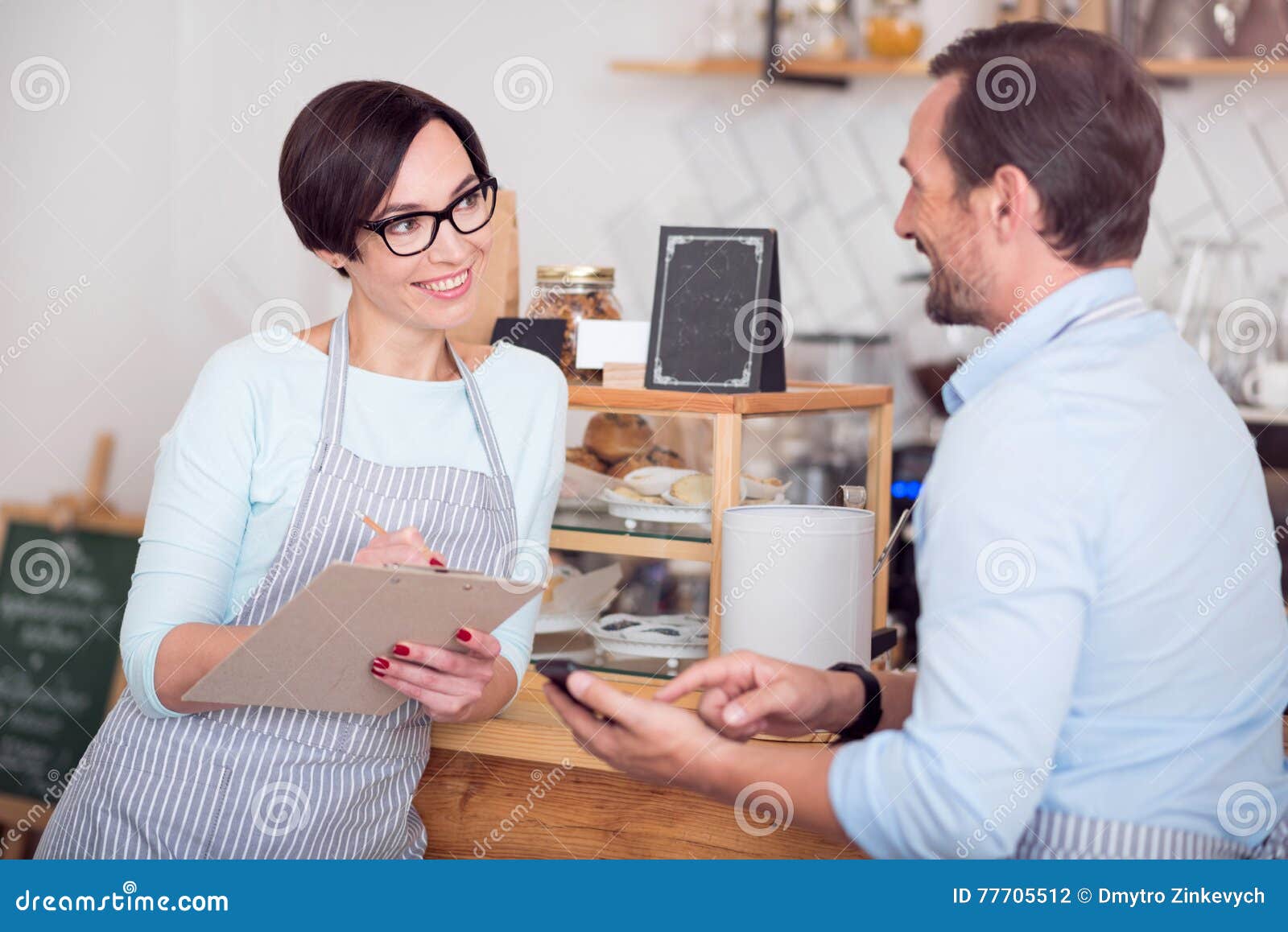 Two Waiters in Aprons Working in Cafe Stock Photo - Image of handsome ...