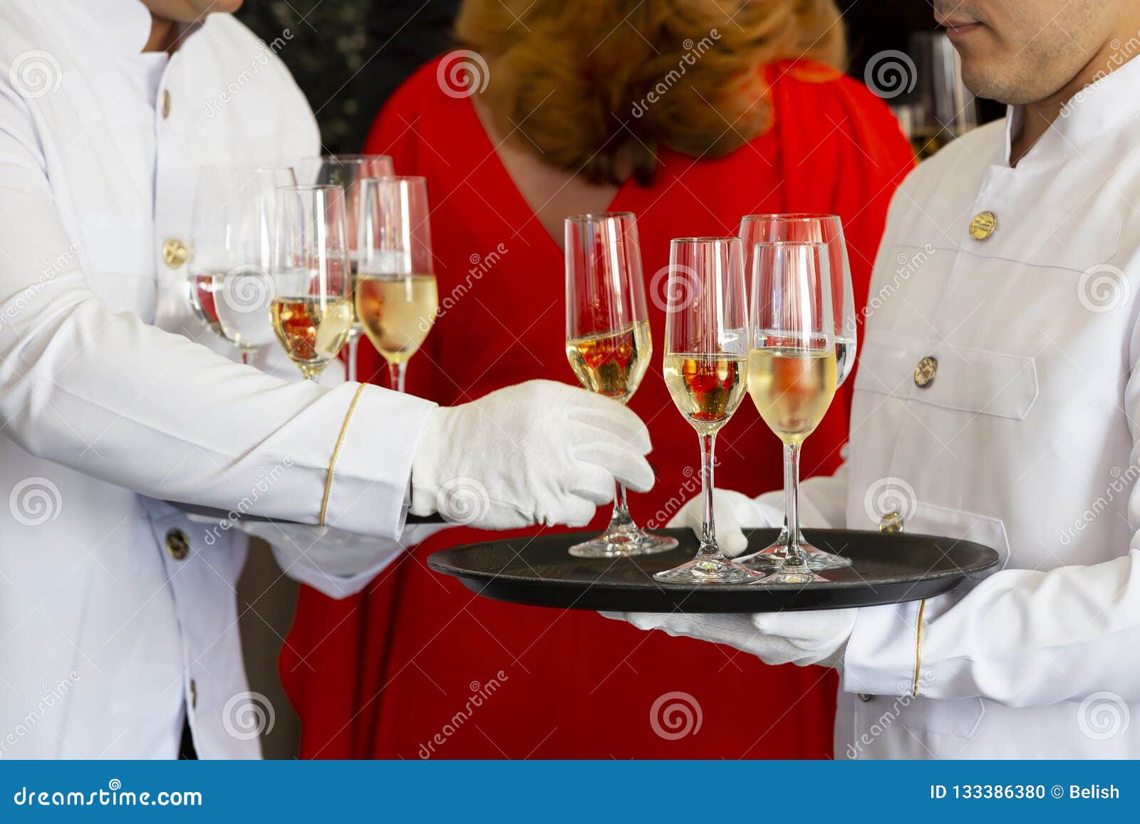 Waiters tray white wine stock photo. Image of adult - 133386380