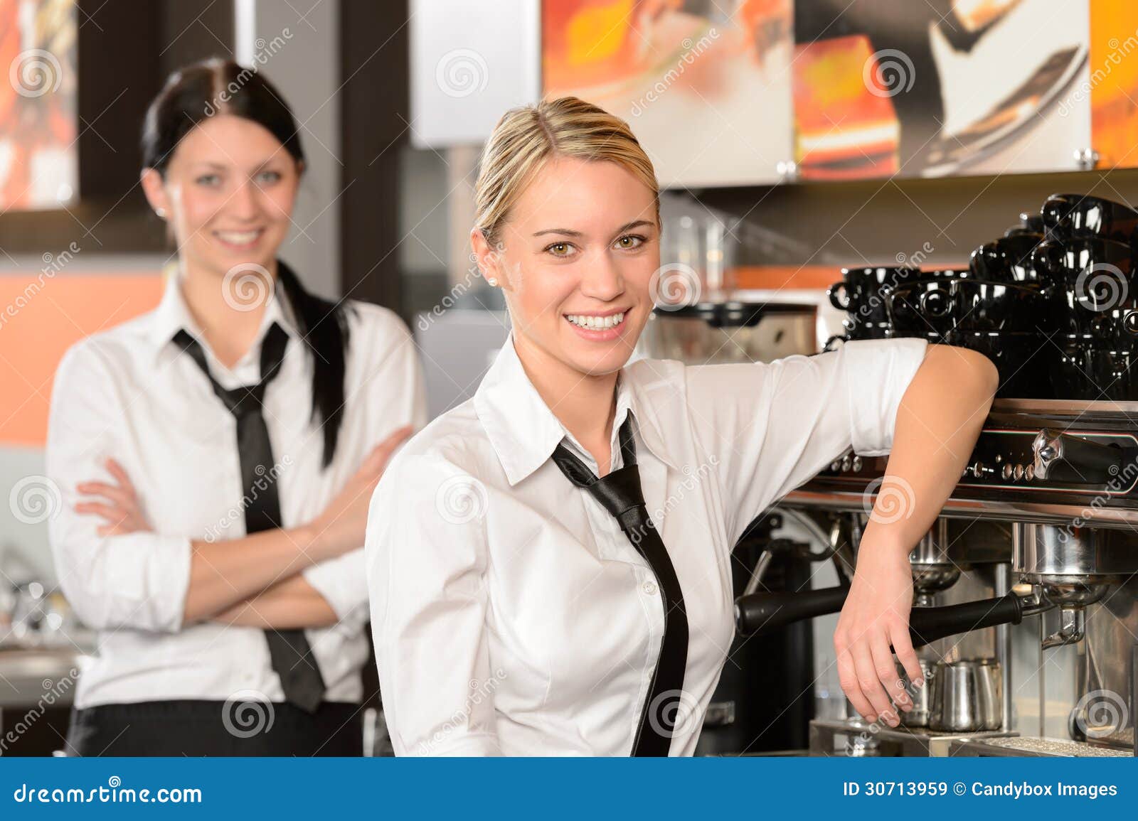 Two Waitresses Posing in Coffee House Stock Image - Image of working ...