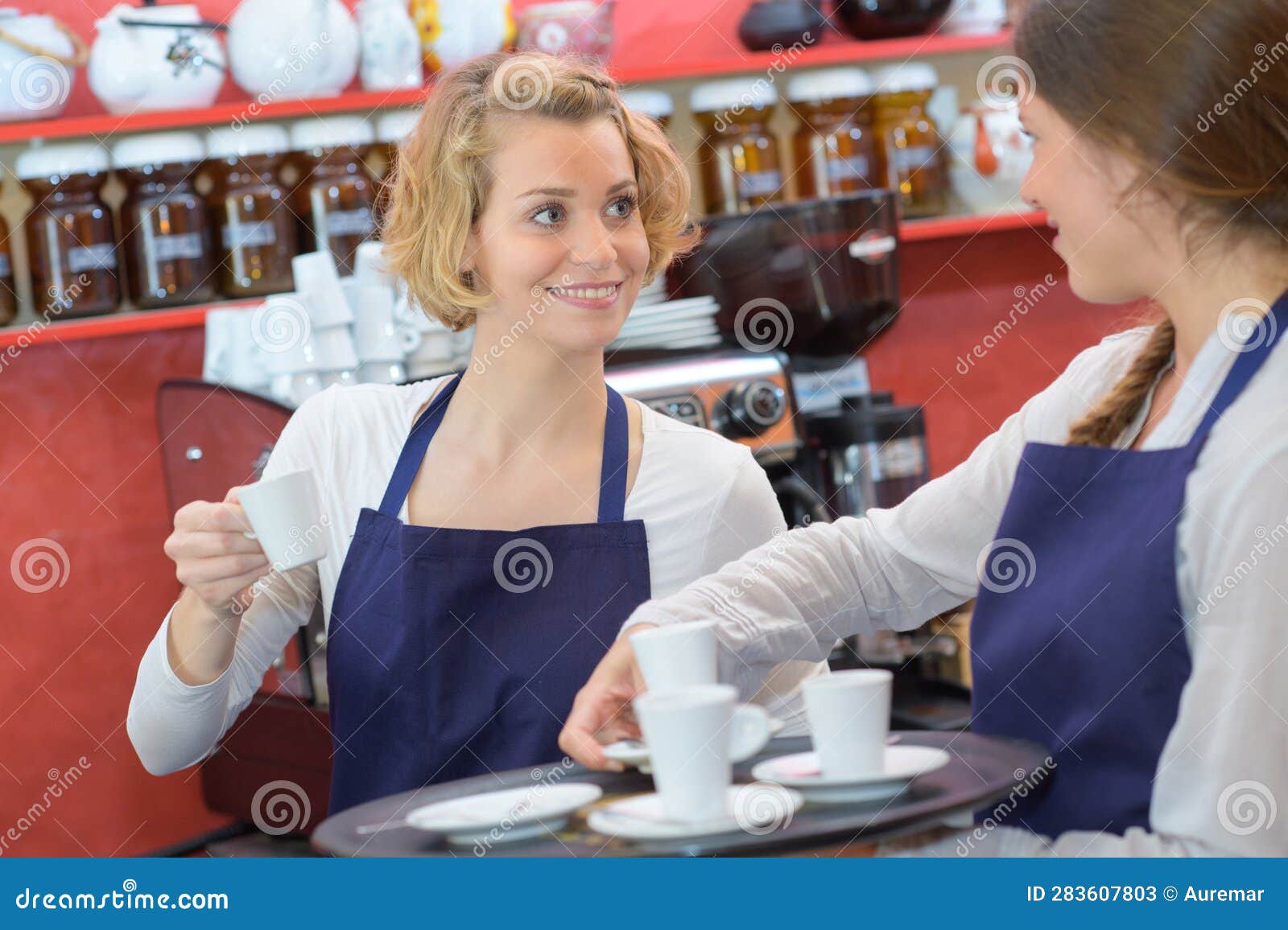 Two Waitresses Preparing Tray Coffees Stock Image - Image of confident ...