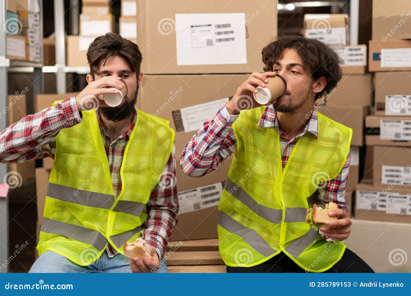 Two Warehouse Workers Have Coffee Break and Lunch Break Stock Image ...