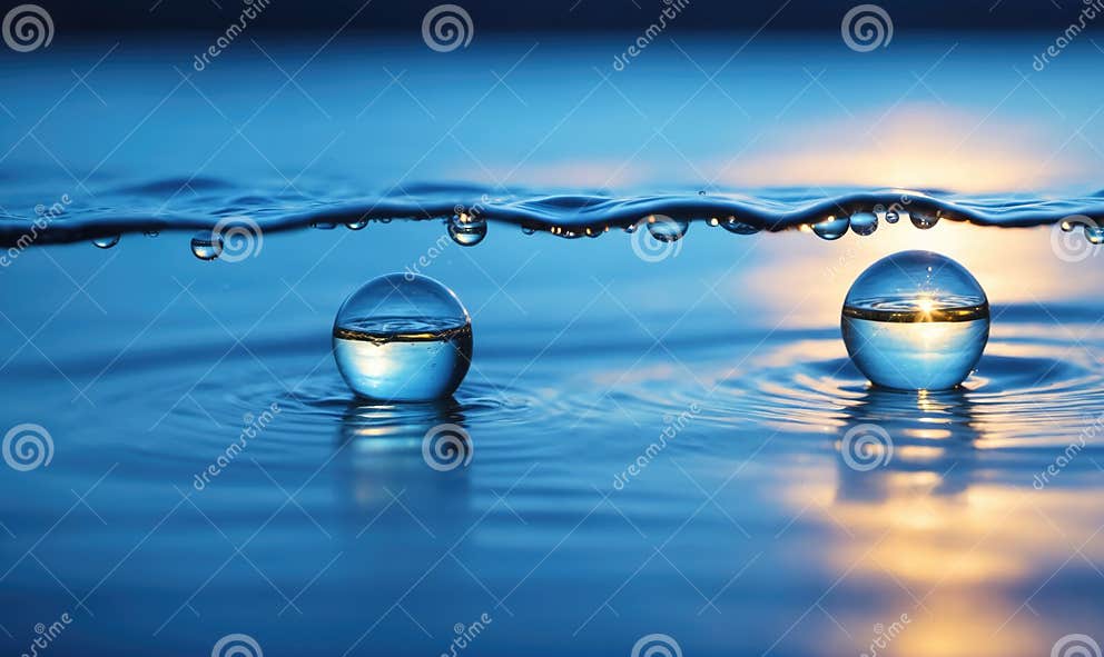 Two Water Drops Rest on a Blue Surface, Creating Ripples and Reflecting ...