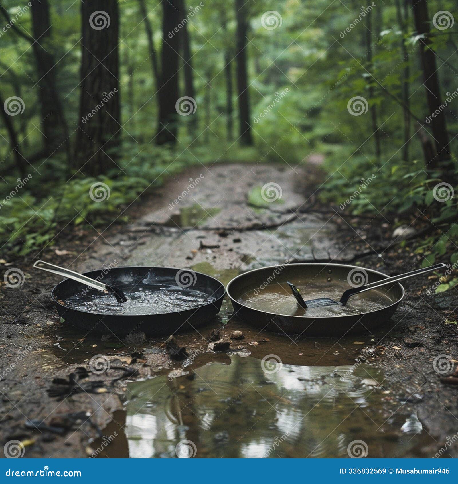 Two Water-filled Pans on a Pathway, Surrounded by Trees and a Fork ...
