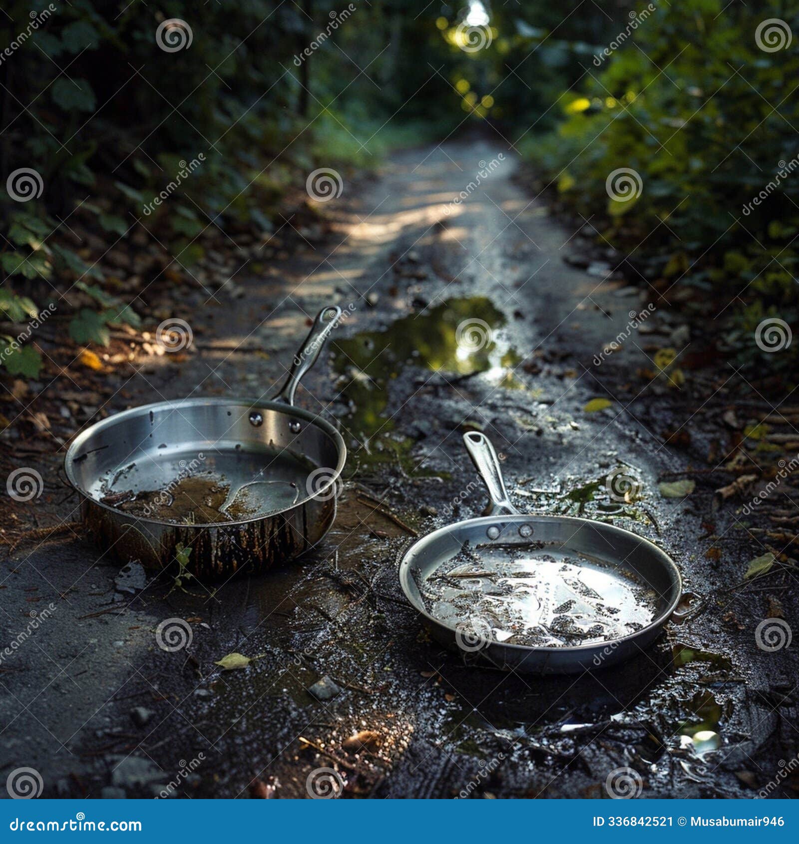 Two Water-filled Pans on a Pathway, Surrounded by Trees and a Fork ...