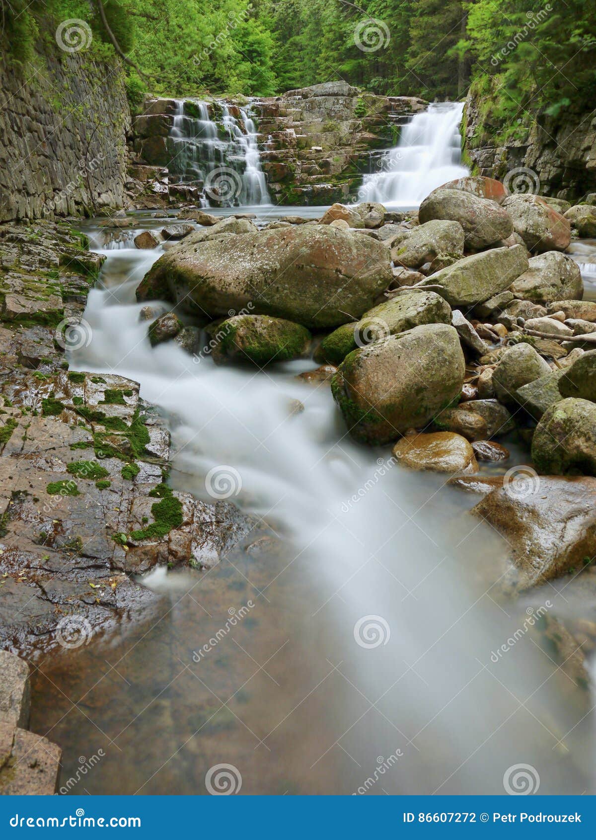 Two waterfalls stock photo. Image of fall, green, tree - 86607272