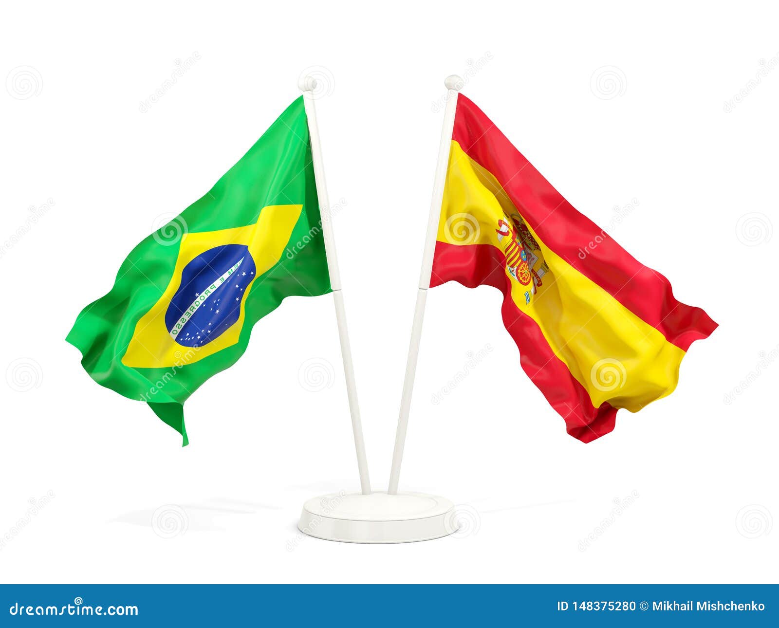 Two Waving Flags of Brazil and Spain Isolated on White Stock ...