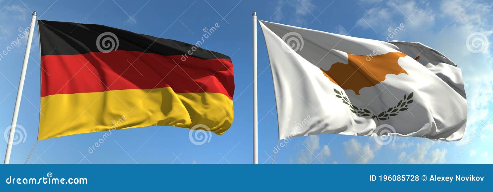 Flying Flags of Germany and Cyprus on Sky Background, 3d Rendering ...