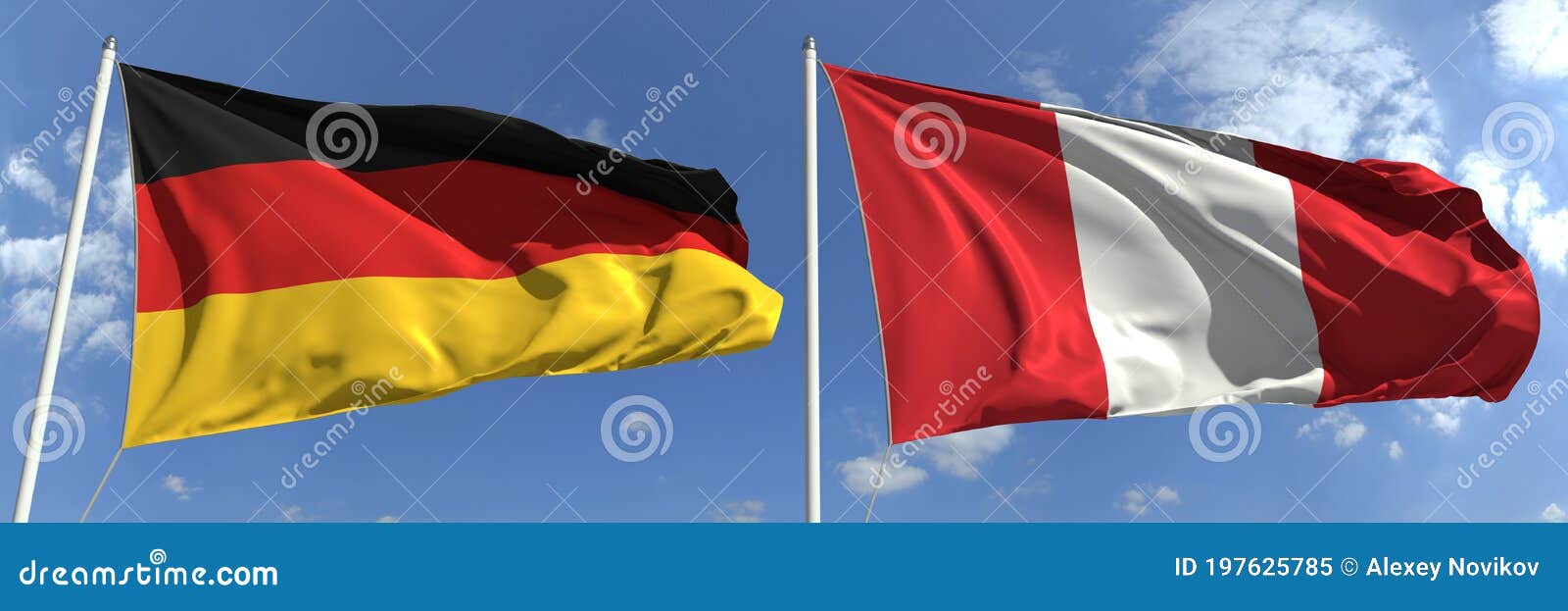 Flying Flags of Germany and Peru on Sky Background, 3d Rendering Stock ...
