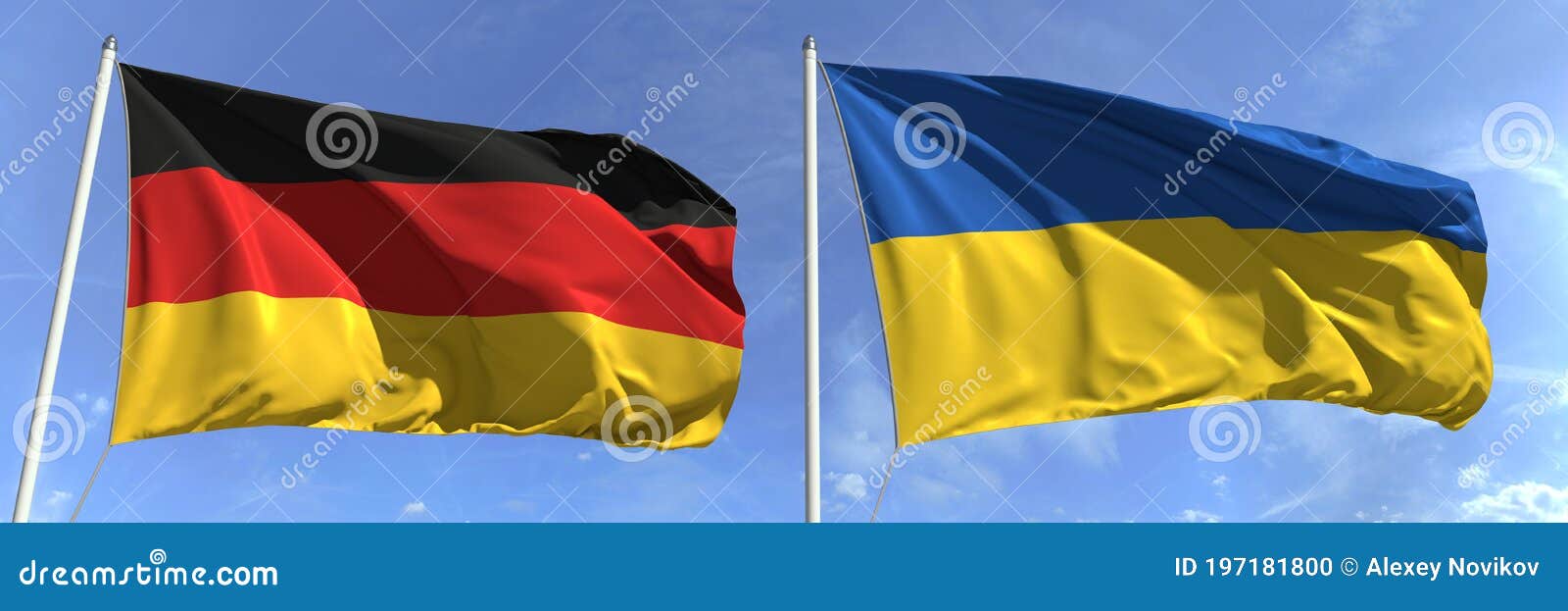 Flying Flags of Germany and Ukraine on Sky Background, 3d Rendering ...
