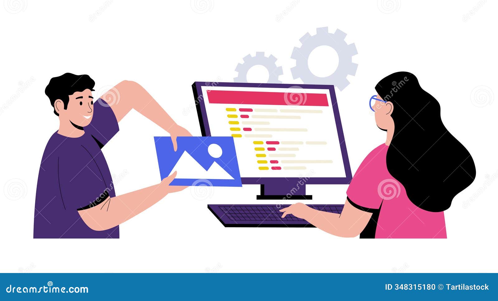 Two Web Developers Collaborating On Digital Project Insert An Image Into Website Code Displayed ...