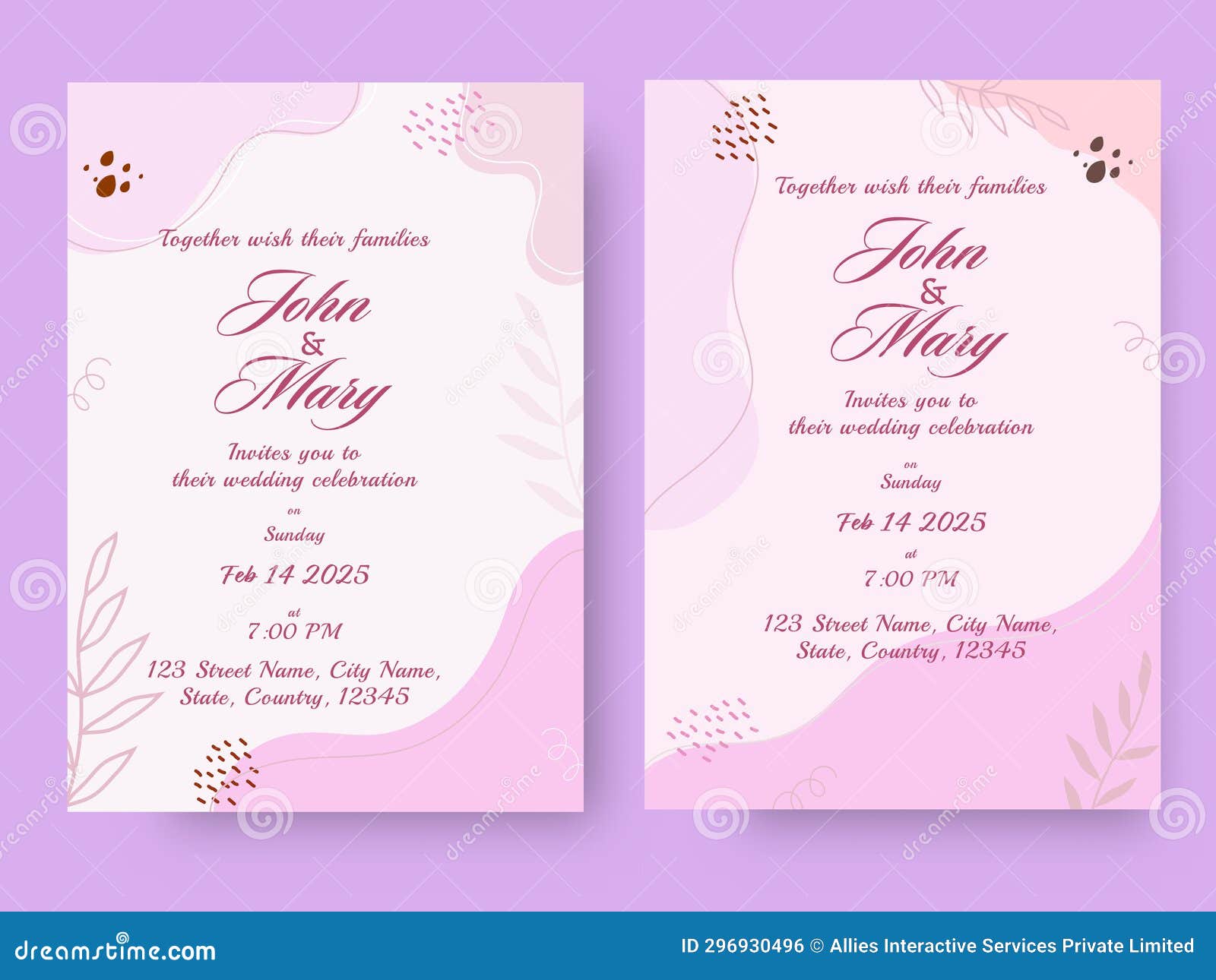 Two Wedding Invitation Card Template Layout in Pink Stock Illustration ...