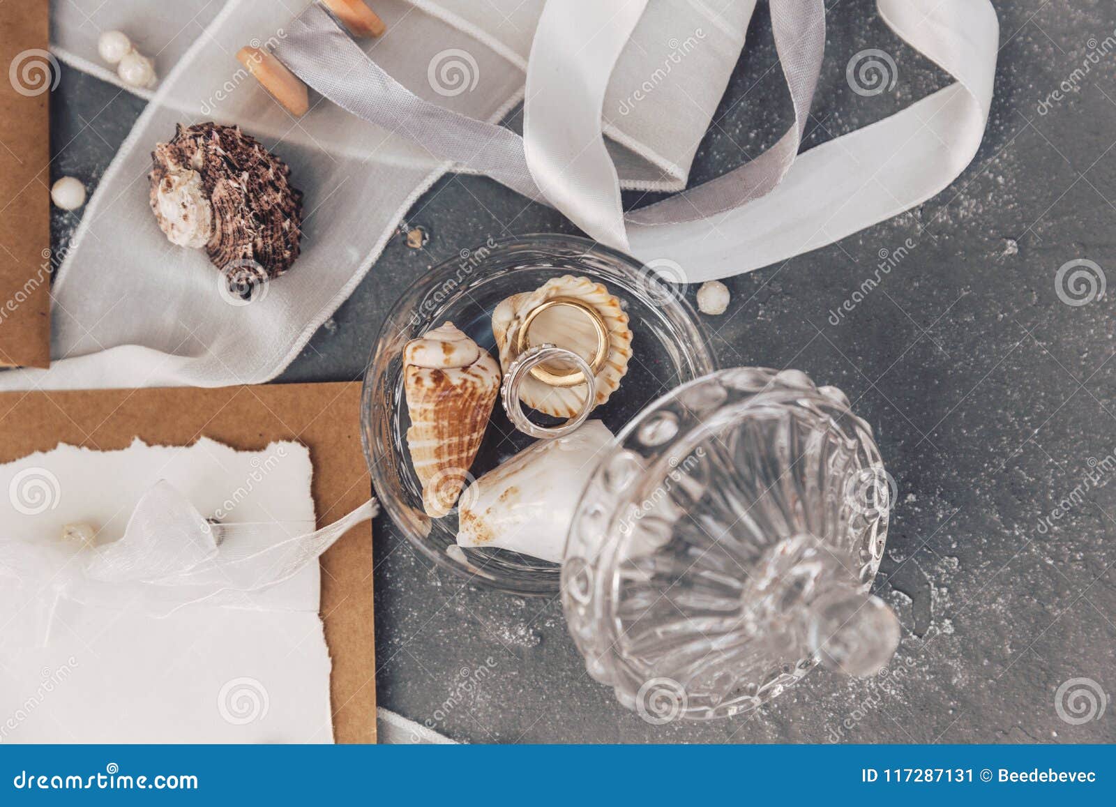 Two Wedding Ring in Seashell. Top View Stock Image - Image of flat ...