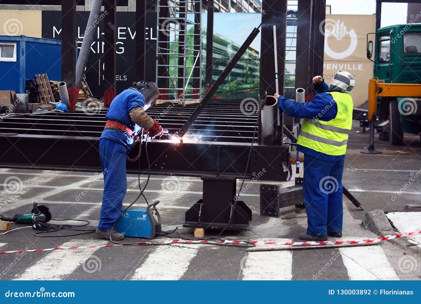 TIMISOARA, ROMANIA-11.26.2017 Two Constructio Workers Wearing ...