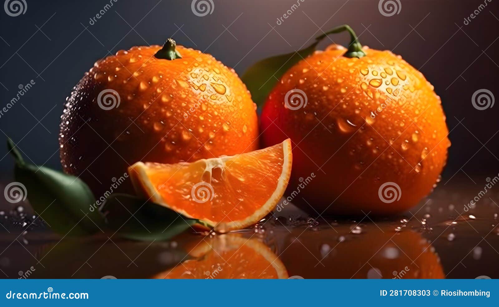 Two Wet Orange Fruit and Some Leaf with a Cut of Orange Fruit ...