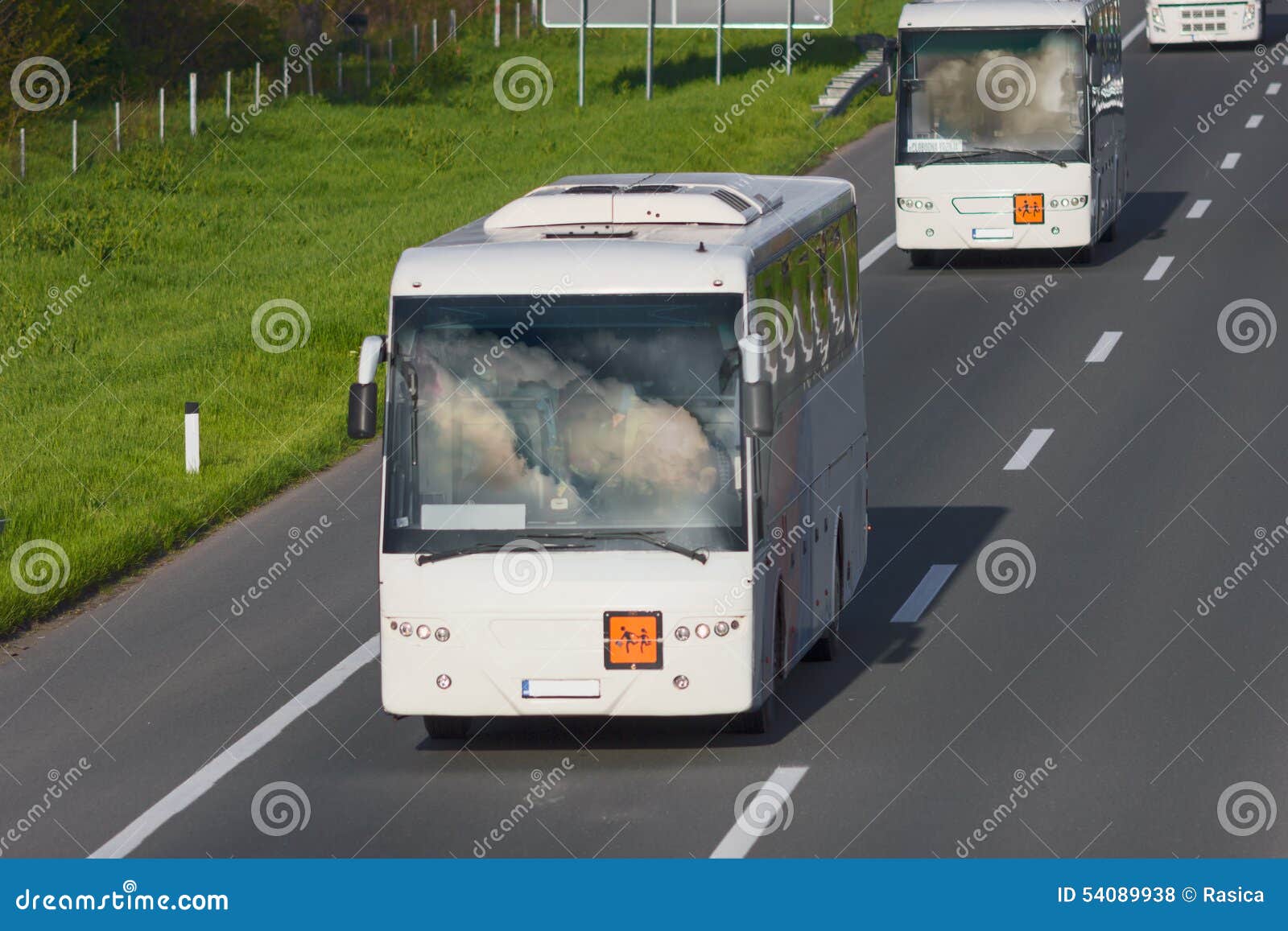 Two White Buses on the Highway at Sunny Day Stock Photo - Image of hour ...