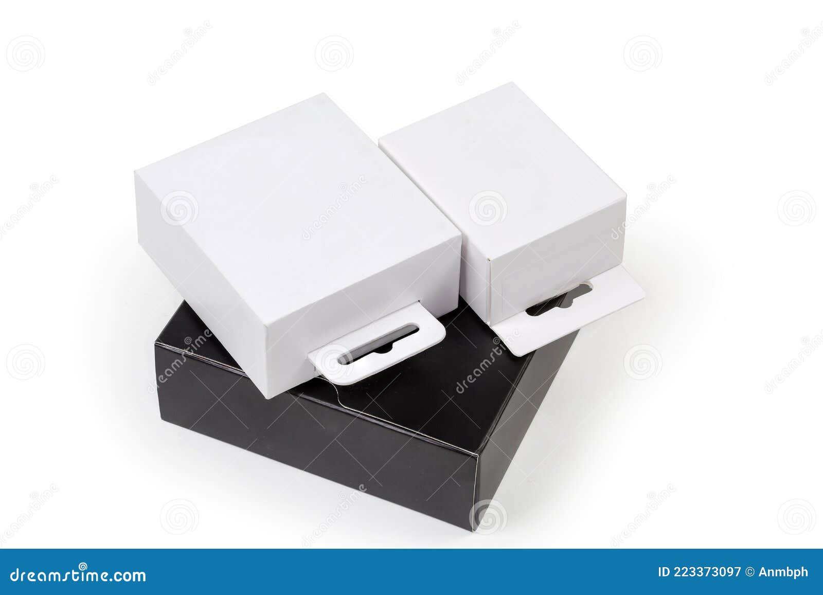 Two White Cardboard Hang Tab Boxes on Black Packing Box Stock Image ...