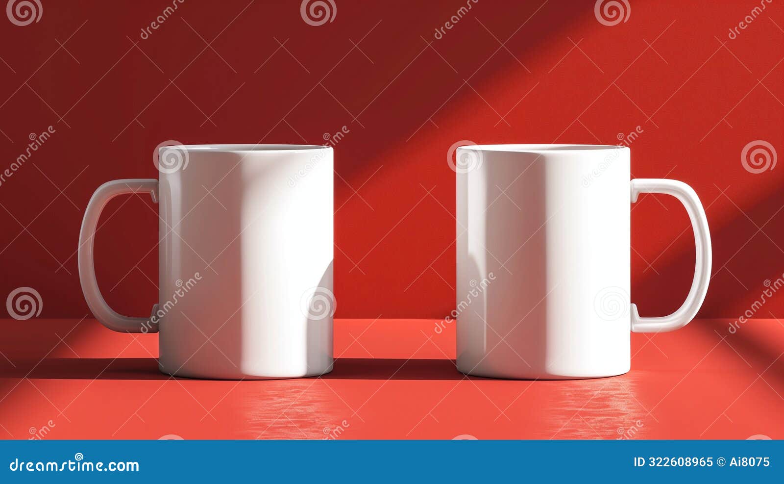 Two White Ceramic Mugs Mockup Against Bold Red Backdrop with Striking Shadows, Ai Generated ...