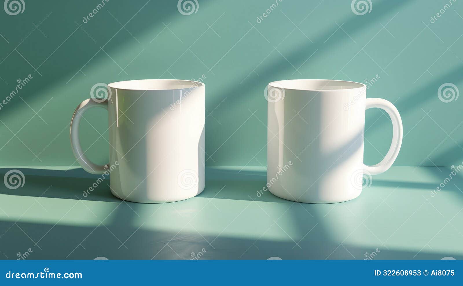 Two White Ceramic Mugs Mockup Against Mint Background with Shadows, Ai ...