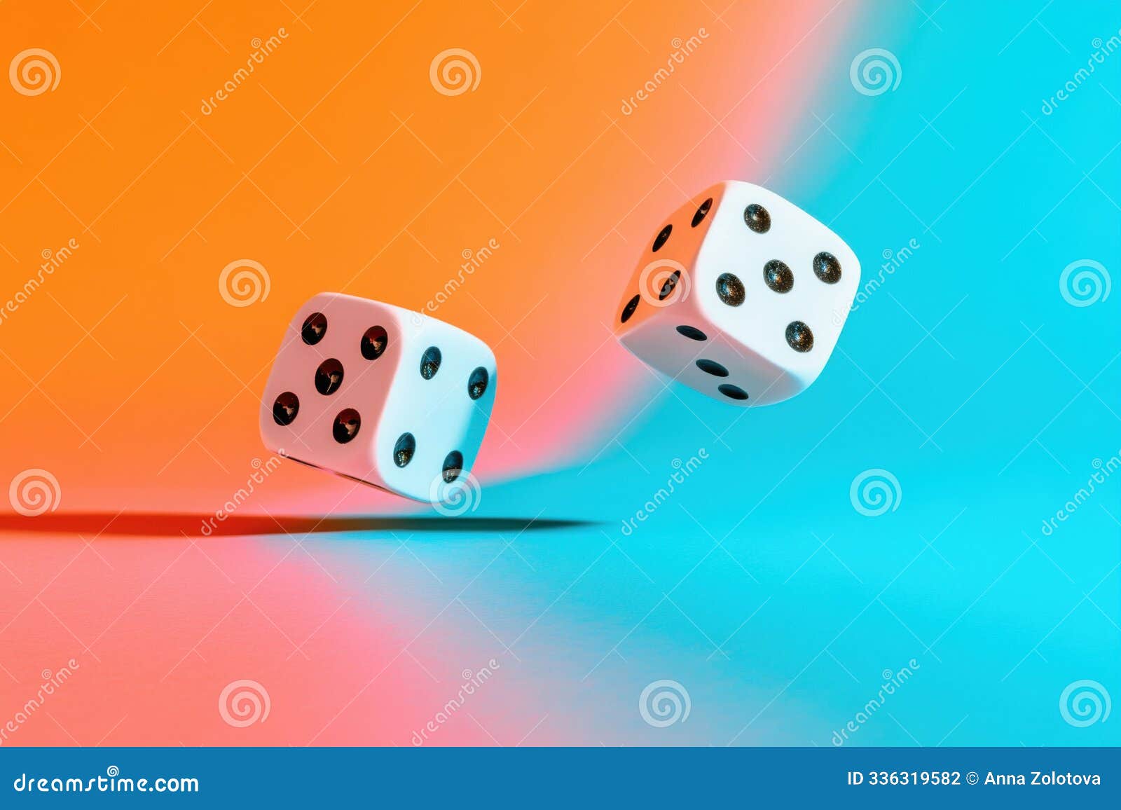 Dice Rolling Mid-air Against a Vibrant Orange and Blue Gradient ...