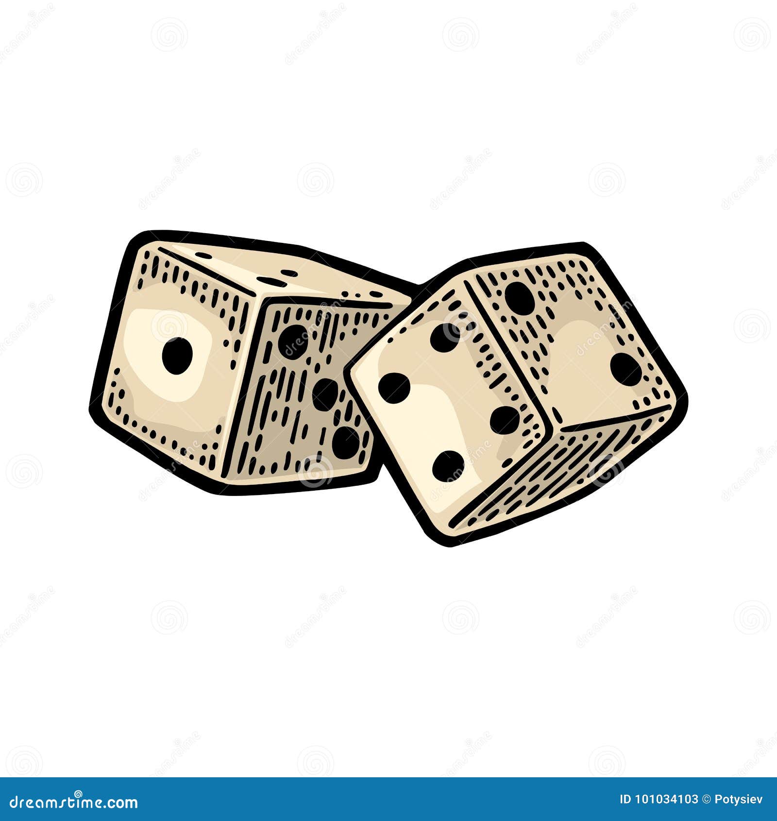 Two White Dice. Vintage Color Vector Engraving Illustration Stock ...