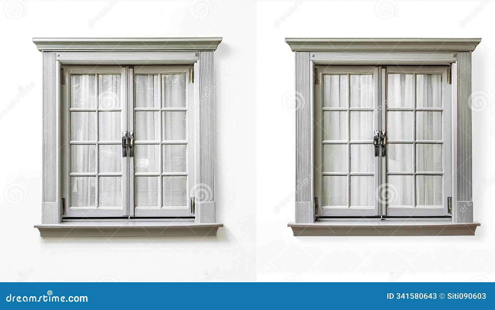 Two White Double Hung Windows with Decorative Trim and White Background ...