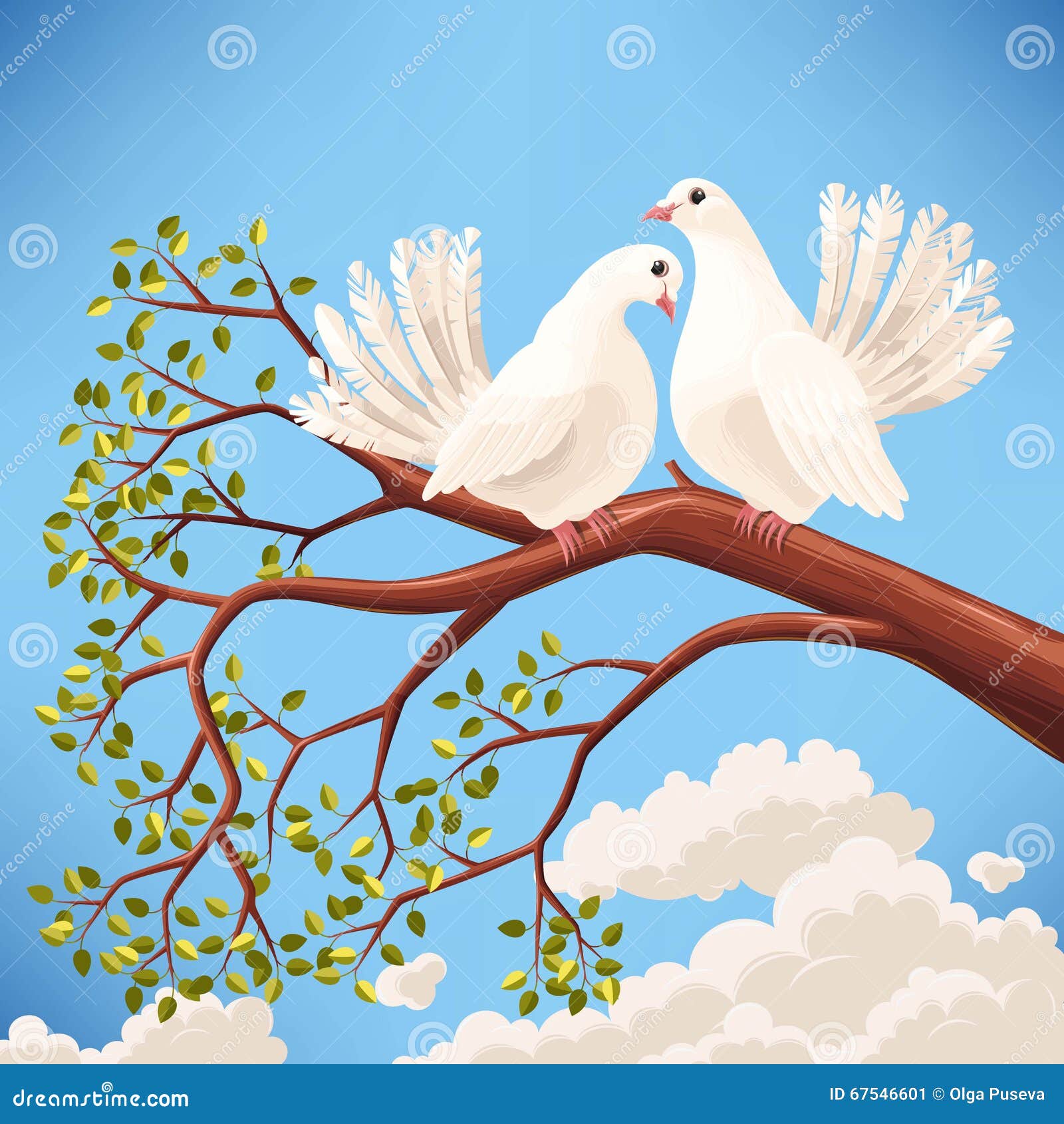 Two White Doves on the Branch Stock Vector - Illustration of ...