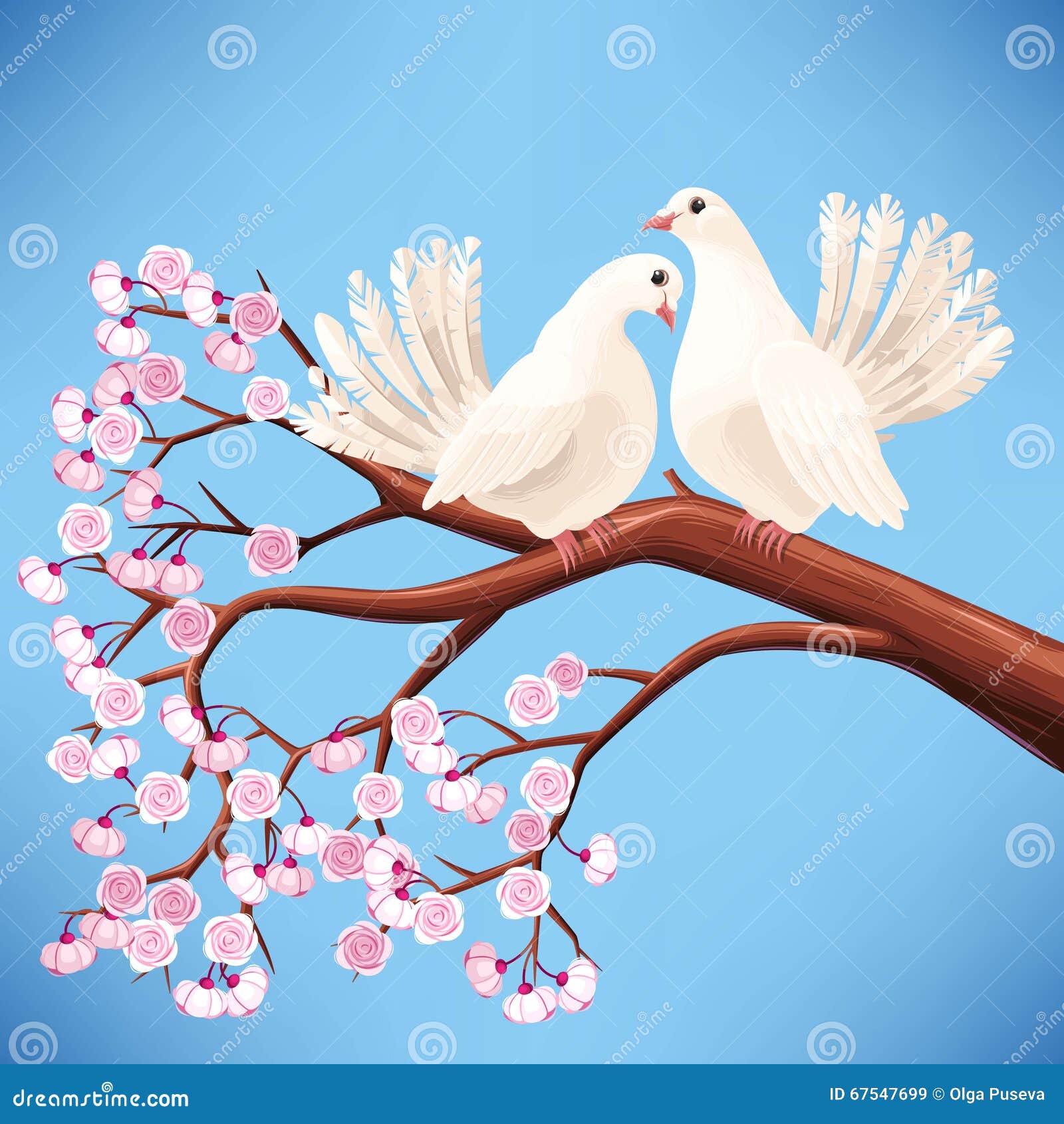 Two White Doves on the Branch Stock Vector - Illustration of pair ...