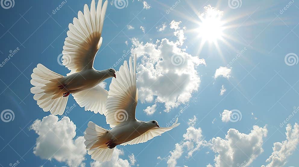 Two White Doves Flying in the Blue Sky with White Clouds. Generated AI ...