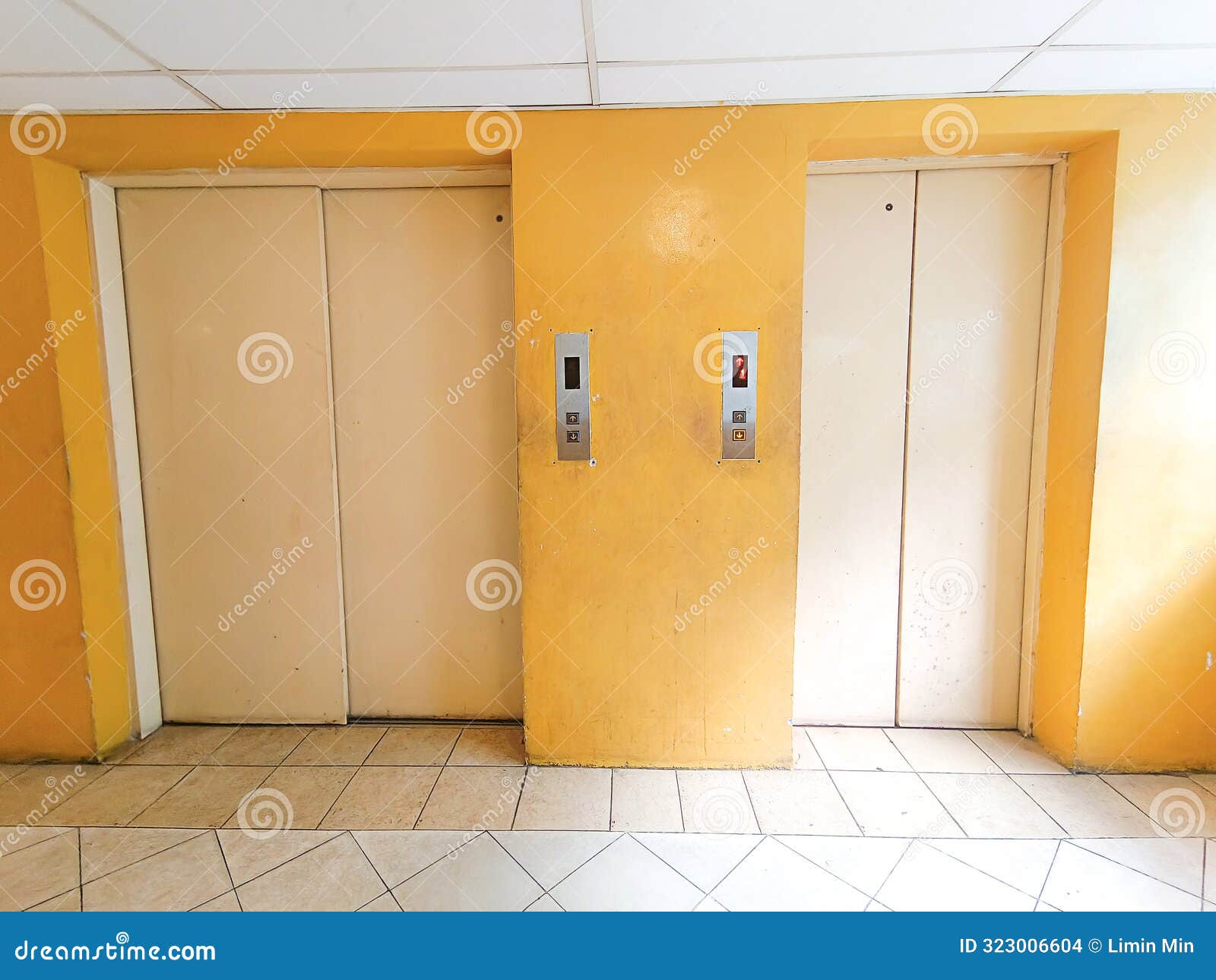 Two White Elevator Doors with Yellow Walls Stock Photo - Image of wall ...