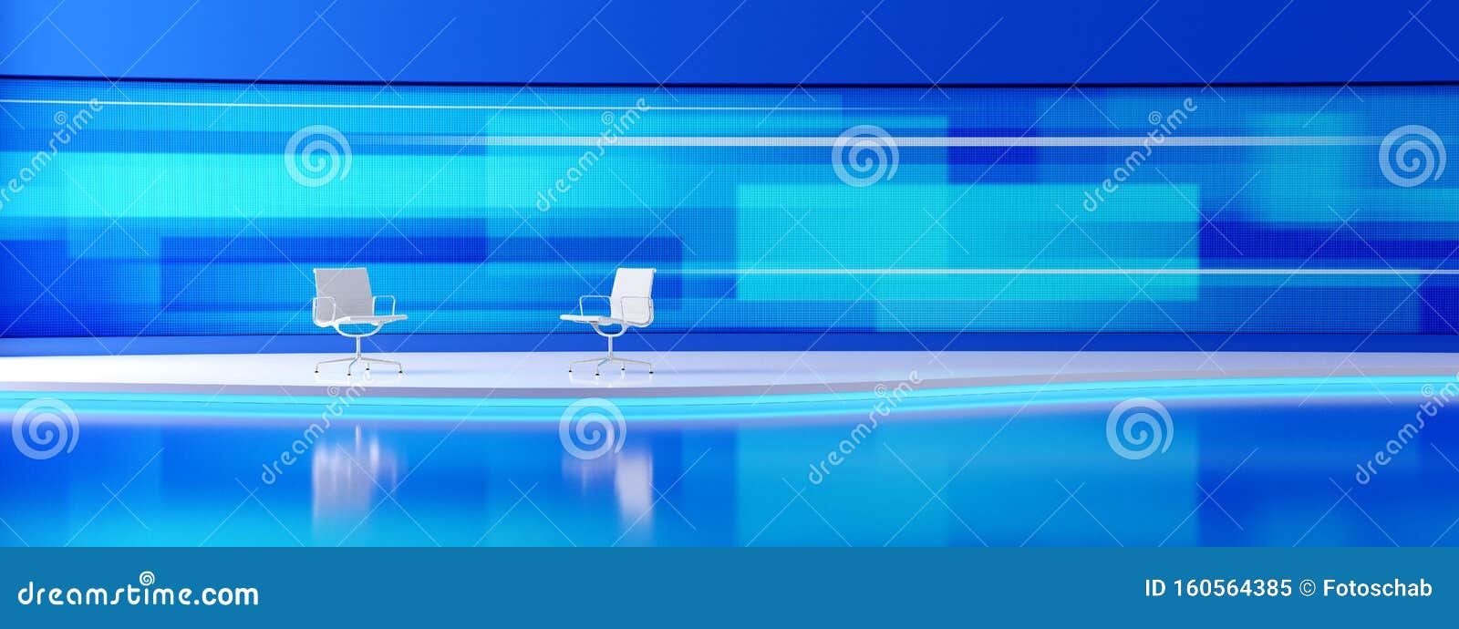Two Empty Chairs in the Modern Tv Studio with the Wide Screen. 3D ...