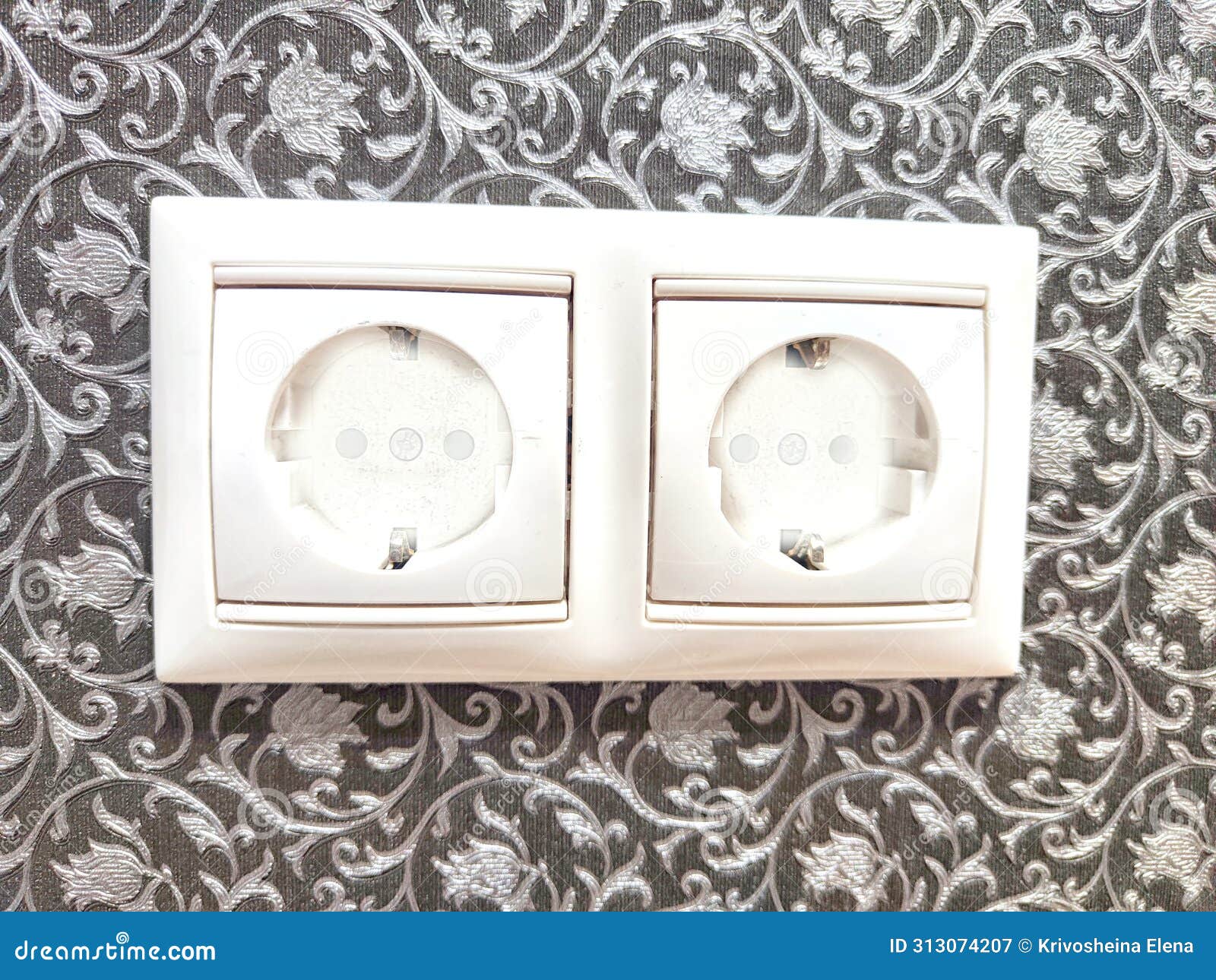 Two White European Power Outlets Mounted on Ornate Wall. European Dual ...